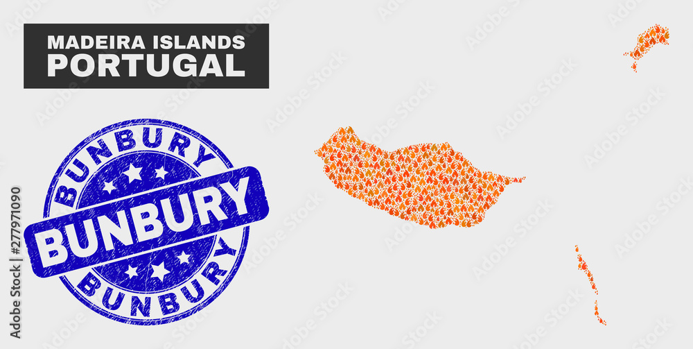 Vector composition of fire Madeira Islands map and blue round textured ...