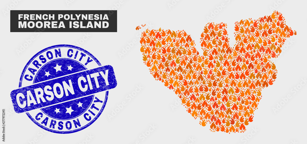 Vector collage of burn Moorea Island map and blue round textured Carson ...