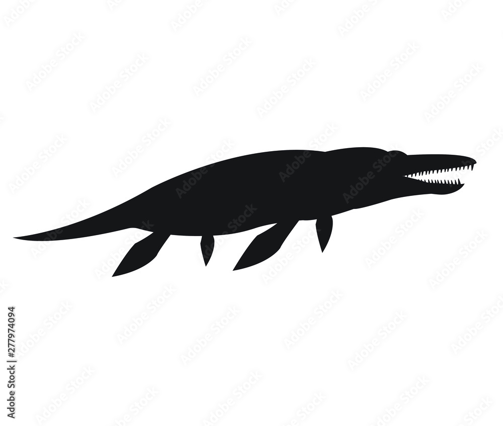 Vector flat black silhouette of swimming sea pliosaurus dinosaur ...