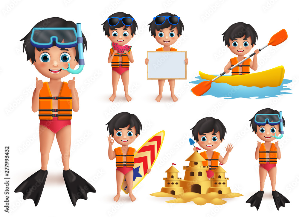 Summer boy kid vector character set. Beach boy wearing lifevest and ...