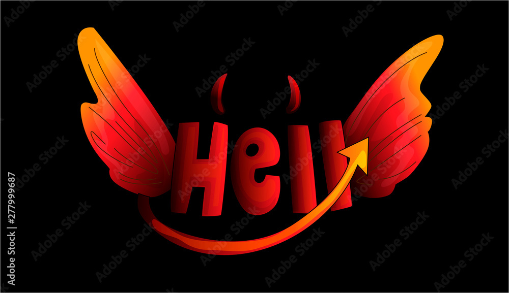 Cute cartoon word Hell with devil horns, tail and evil wings on black ...