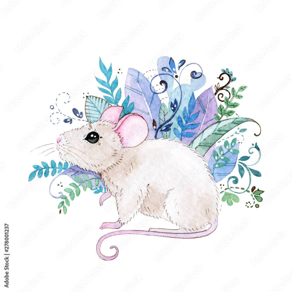 Watercolor illustration of a small cute mouse on a background of ...