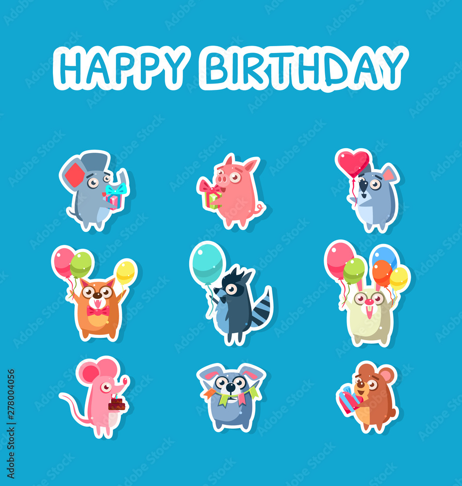 Happy Birthday Set, Cute Funny Animals Stickers with Balloons and Gift ...