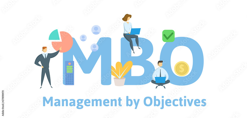 MBO, Management by Objectives. Concept with people, letters and icons ...