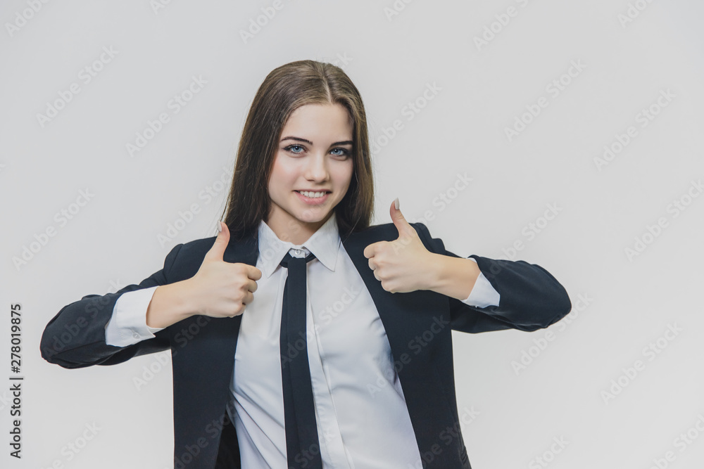 Female hand gestures thumb up. Girl allots her right and left hands ...