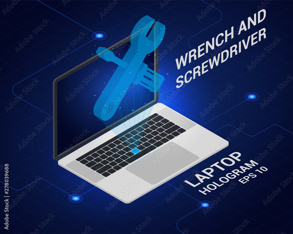 Technical assistance hologram. The laptop is an isometric view. Future ...