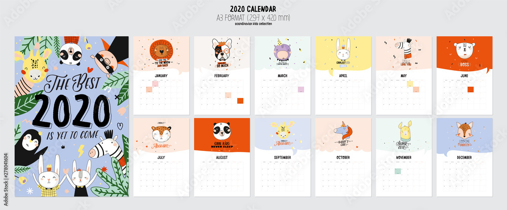 Cute 2020 Calendar. Yearly Planner Calendar with all Months. Good ...
