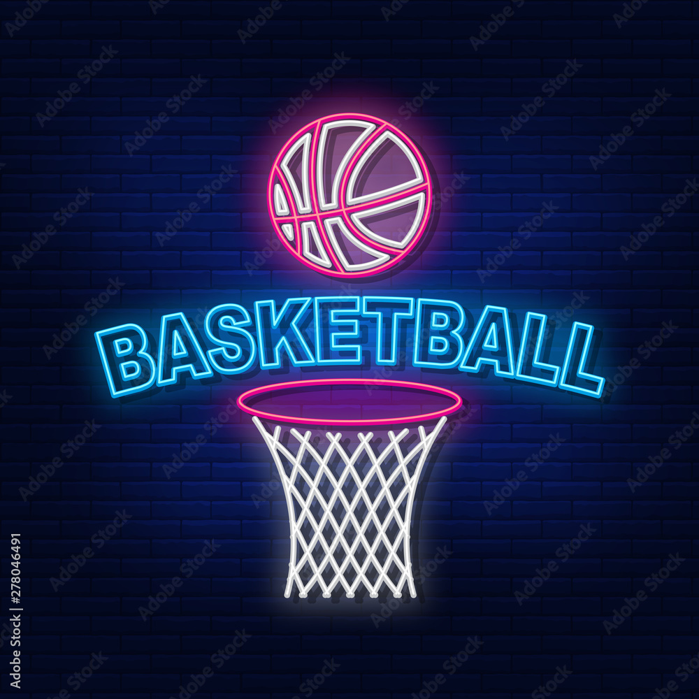Neon lights basketball game. The bright advertisement of the game of ...