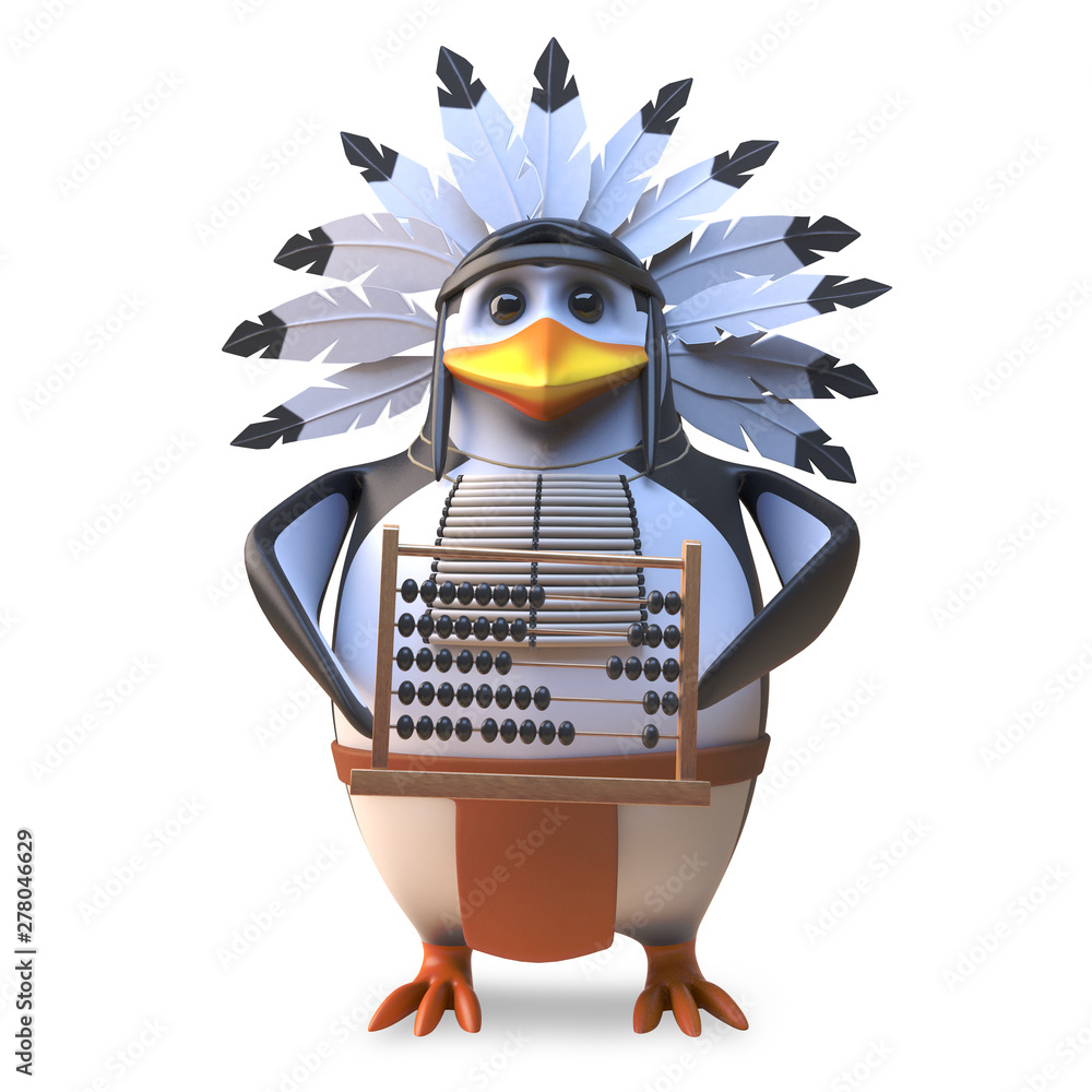 Cartoon native American Indian chieftain penguin using an abacus for ...