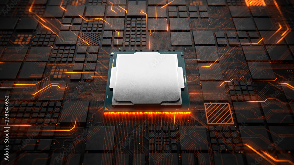 Abstract Motherboard circuit with CPU, microchips and electric signals ...