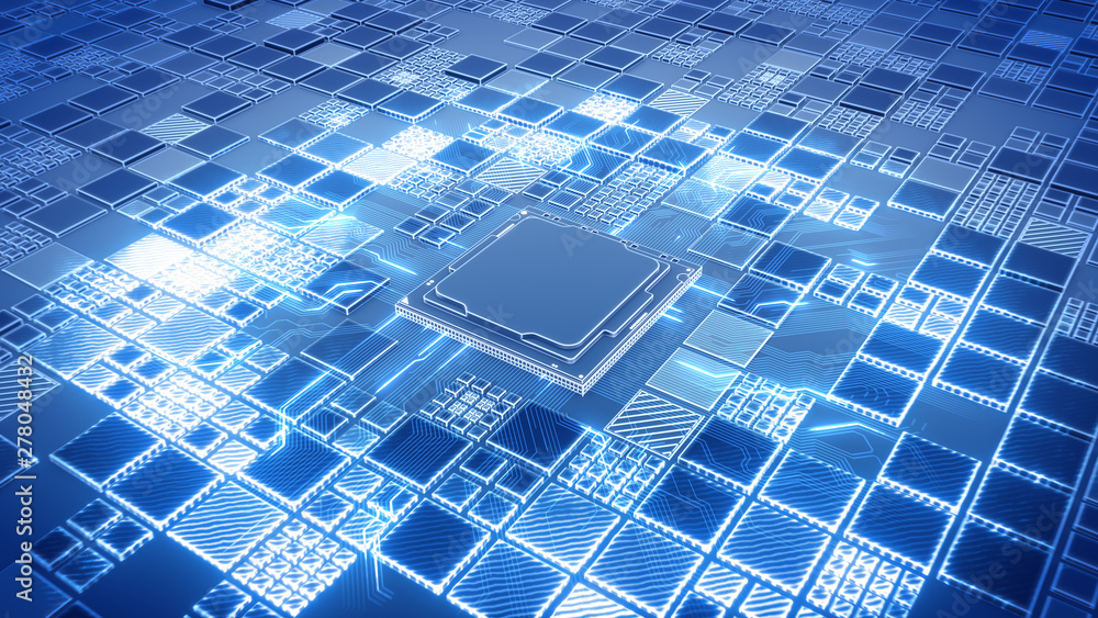 Poster Installing CPU on Motherboard circuit with microchips, electric ...