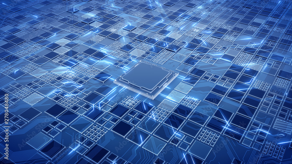 Installing CPU on Motherboard circuit with microchips, electric wave ...