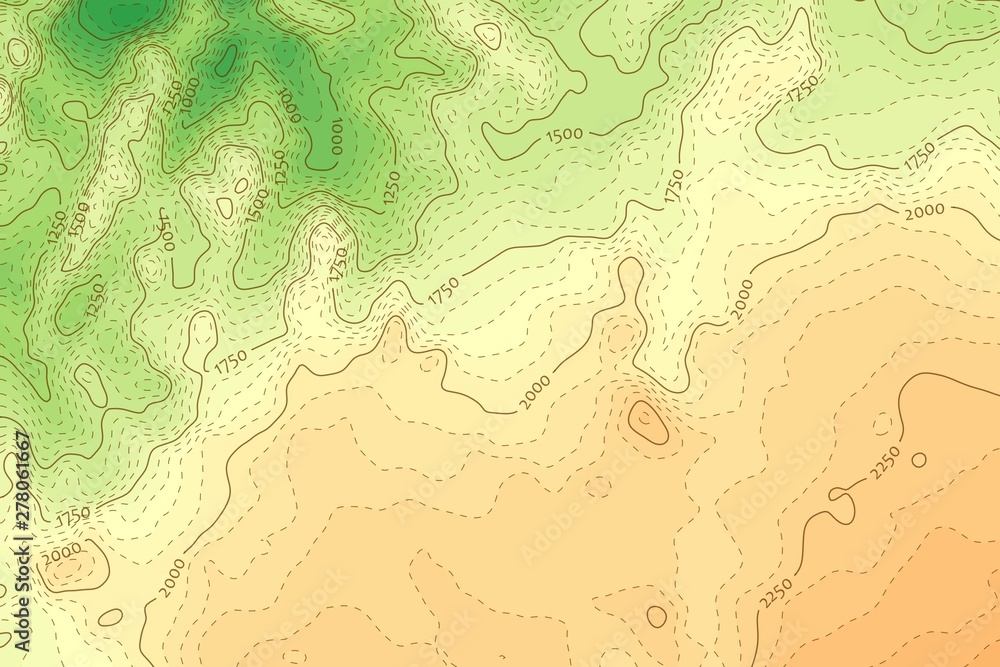 Green-orange topographical map with dashed contour lines Stock ...