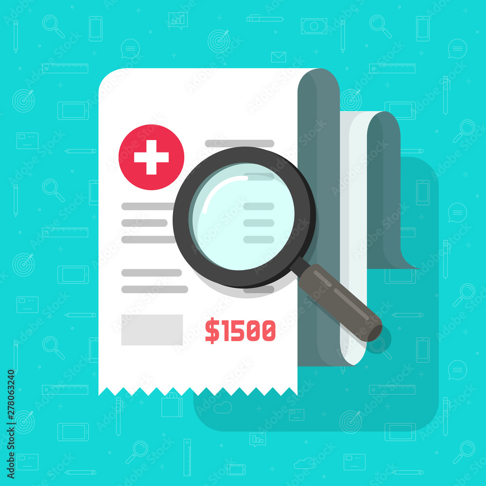 Medical receipt with magnifying glass vector, flat cartoon tax bill ...