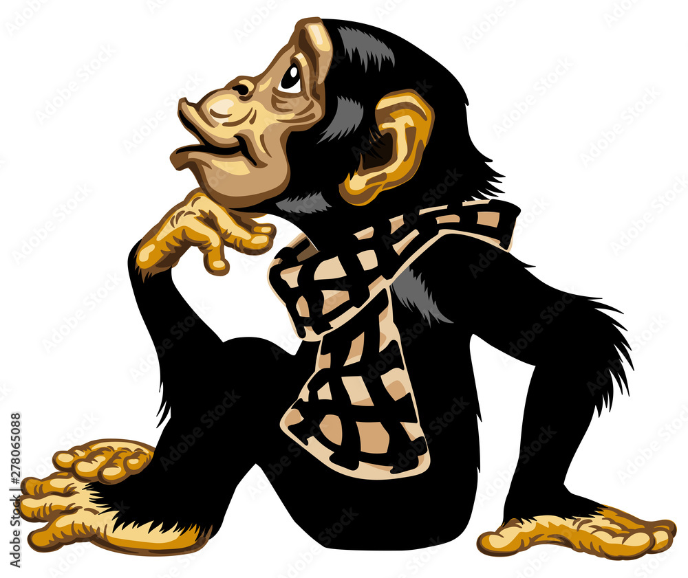 Cartoon intelligent Chimpanzee wearing a scarf. Great ape or chimp ...