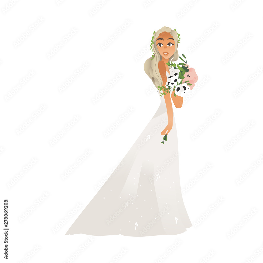 Beautiful young bride, girl and woman in white wedding dress in flat ...