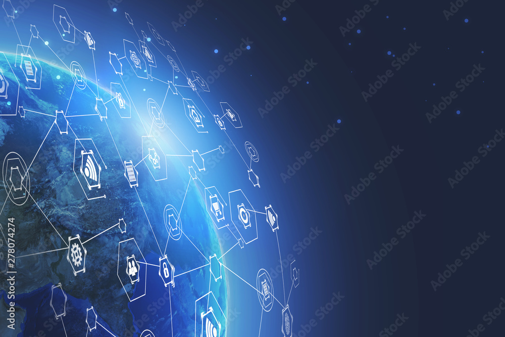 Earth in space and glowing internet icons Stock Photo | Adobe Stock