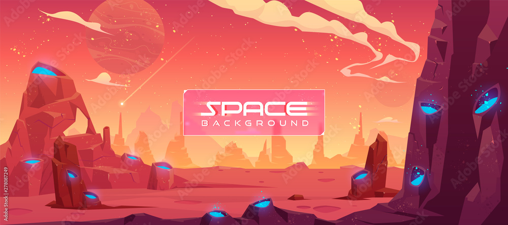 Space background, alien fantasy landscape with rocks and craters with ...