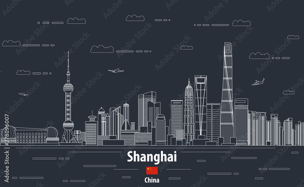 Shanghai at night cityscape line art style vector detailed illustration ...