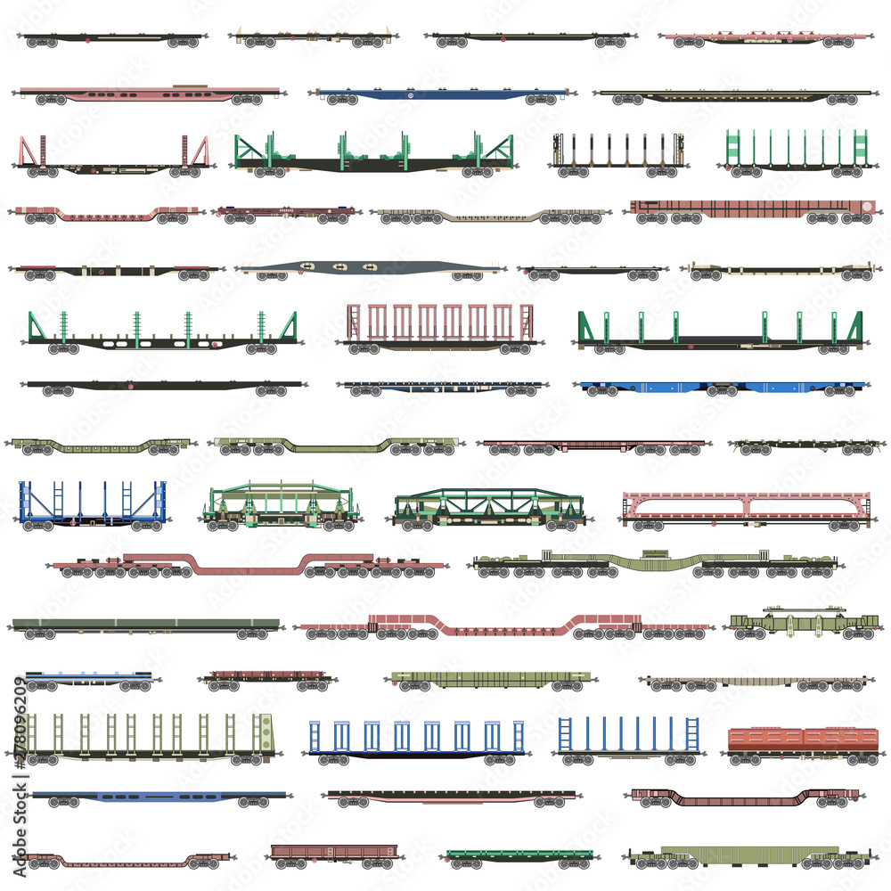 railway trains, railcars, wagons and vans detailed icons vector set ...