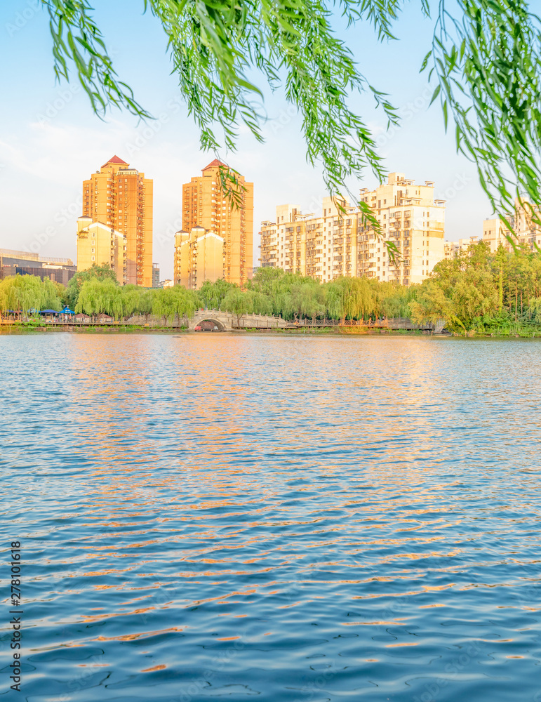 Lakeside scenery under the willow in the afternoon, Daning Tulip Park ...