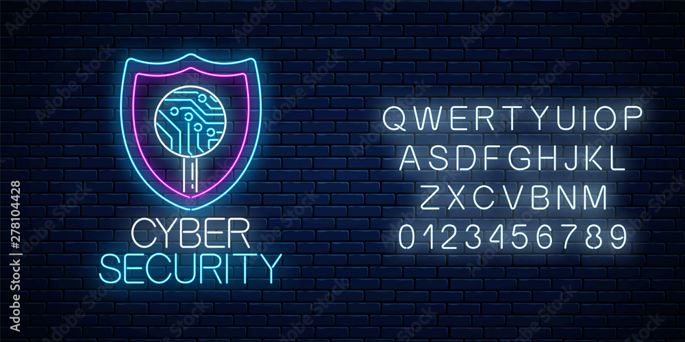 Cyber security glowing neon sign with alphabet. Internet protection ...
