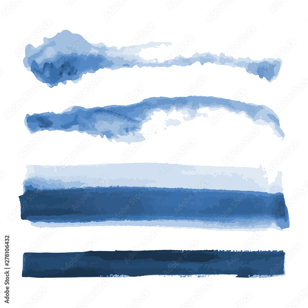 Deep blue watercolor shapes, splotches, stains, paint brush strokes ...