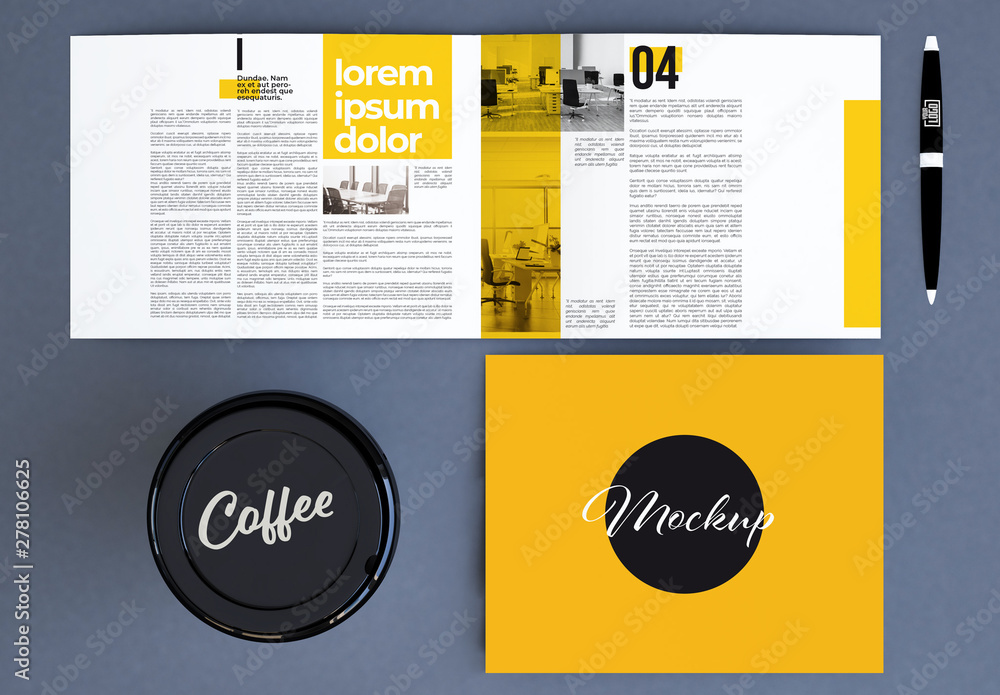 Desktop with Brochure, Pen, and Cup Mockup Stock Template | Adobe Stock