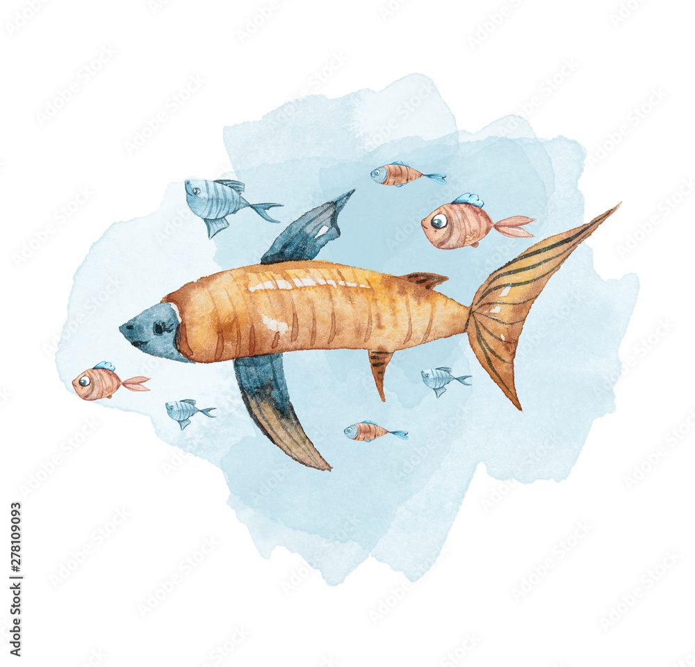Watercolor hand painted cartoon fish. Cute illustration on white ...