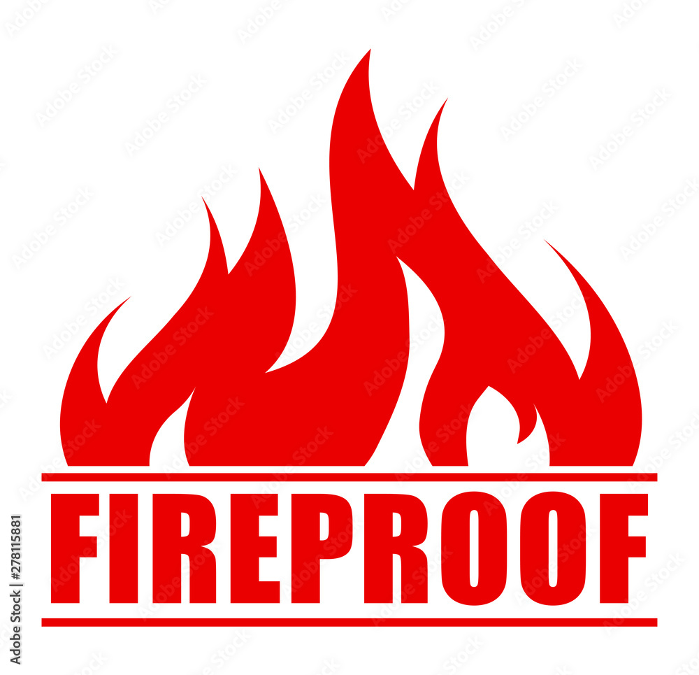 Fireproof icon, logo design, sign, red label with blazing flame. Stock ...