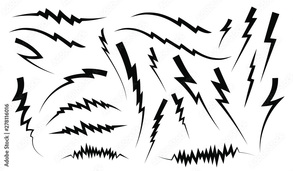 Big set of lightnings, cartoon icons of thunder and lightning strike ...