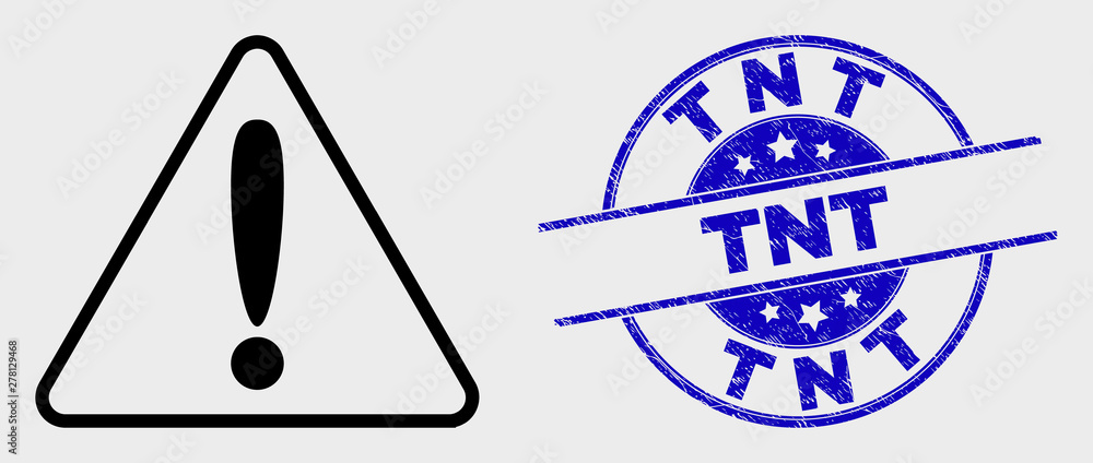 Vector line warning icon and TNT seal stamp. Blue round distress seal ...