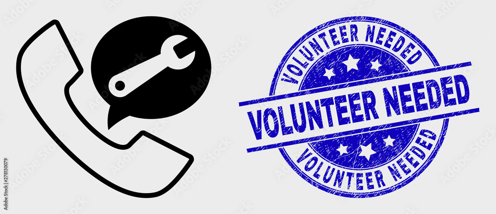 Vector outline service phone call pictogram and Volunteer Needed seal ...