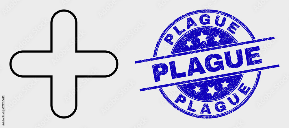 Vector linear cross pictogram and Plague seal stamp. Blue rounded ...