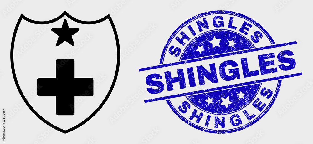 Vector outline medical shield icon and Shingles watermark. Blue round ...