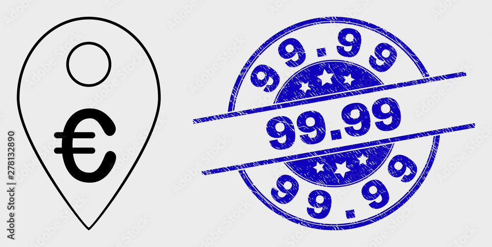 Vector outline euro map marker icon and 99.99 watermark. Blue round ...