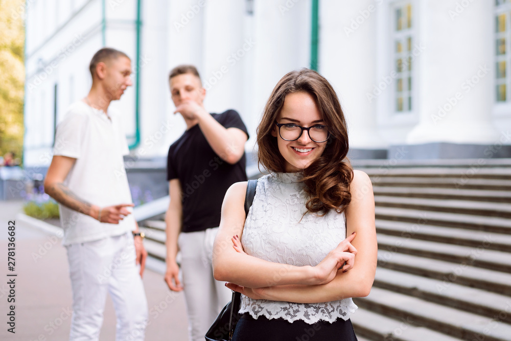 Male students staring at new beautiful and very attractive groupmate ...