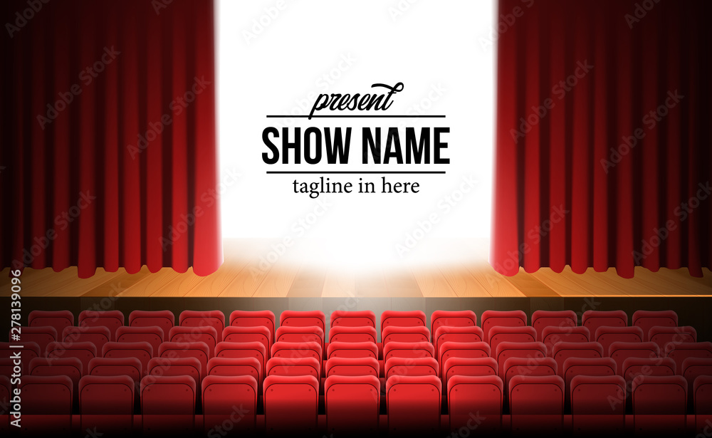front view theater movie stage with red curtain and wood floor and ...