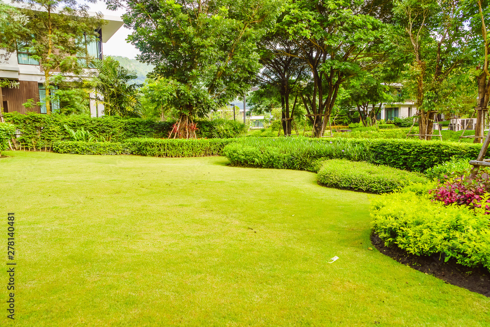 Path in lush and beautiful gardens, green lawns, front lawn for ...