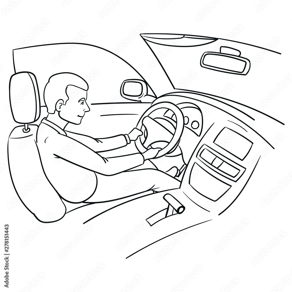 Hand-drawn vector illustration of a man from the side sitting in the ...