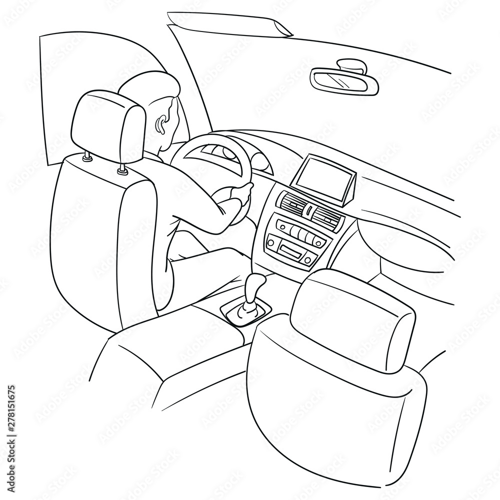 Hand-drawn vector illustration of a man in the car looking sideways ...