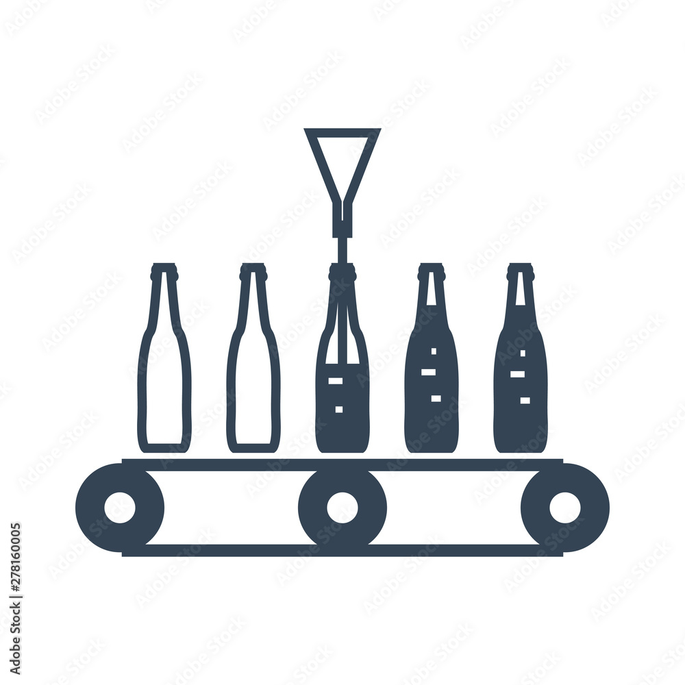 black icon bottling line, conveyor, pouring, filling Stock Vector ...