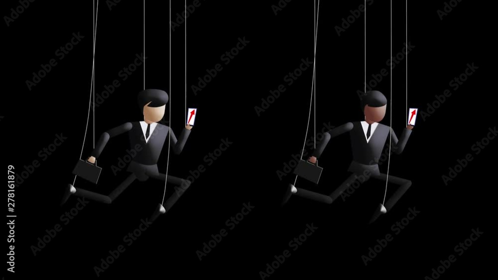 Puppeteer. Marionette businessmen on strings in a hurry. Running ...