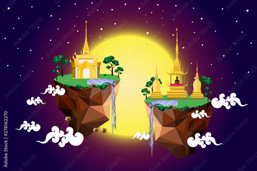 Low polygon island of Thai Castle with full moon background เวกเตอร์ ...