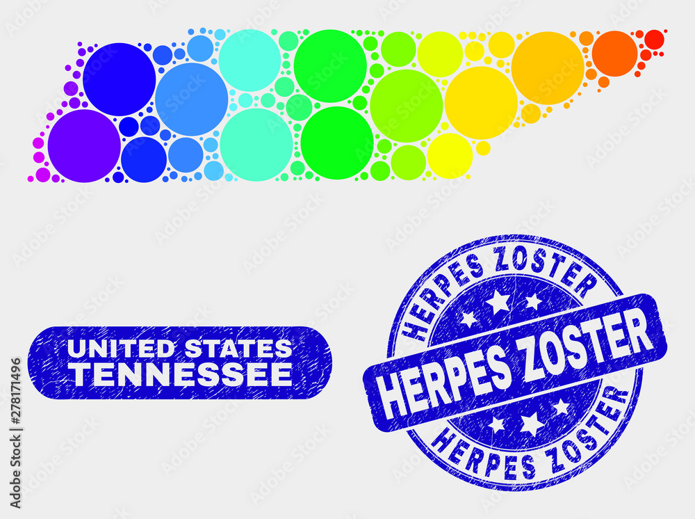 Rainbow colored dot Tennessee State map and seal stamps. Blue round ...