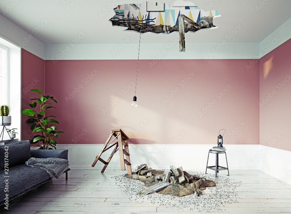 broken ceiling in the room. Stock Illustration | Adobe Stock