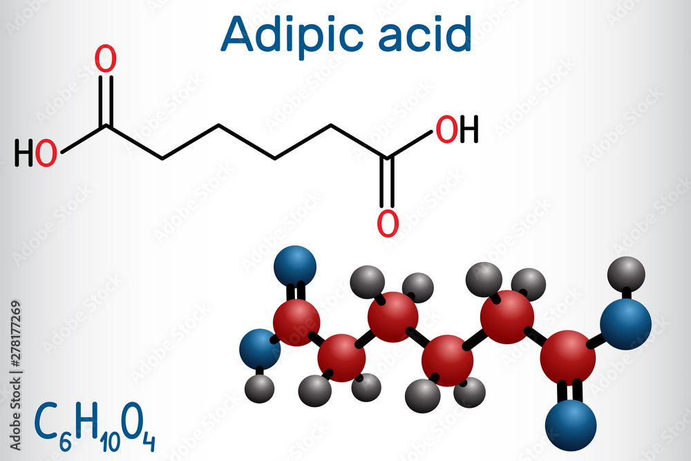 Adipic acid or hexanedioic, dicarboxylic acid molecule. It is food ...