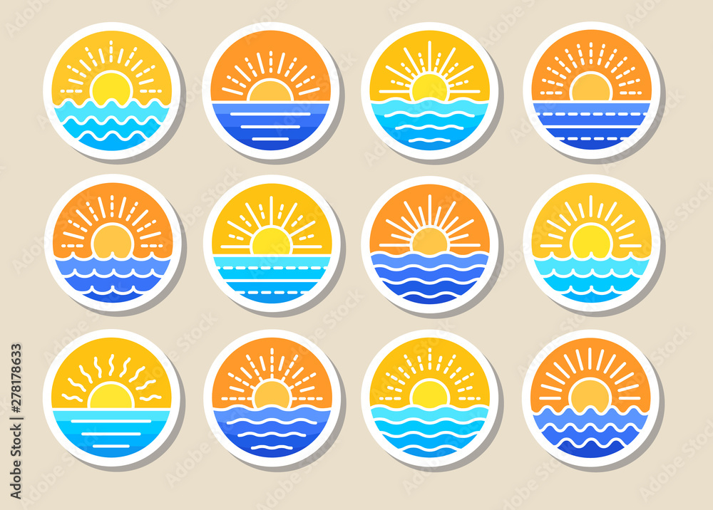 Sunrise over sea. Sunset over ocean. Summer round labels, emblems with ...