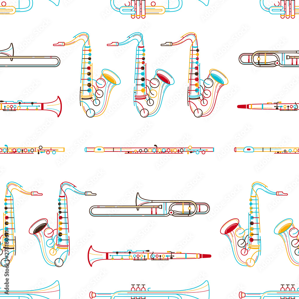 Brass instruments hand drawn outline seamless pattern Stock Vector ...