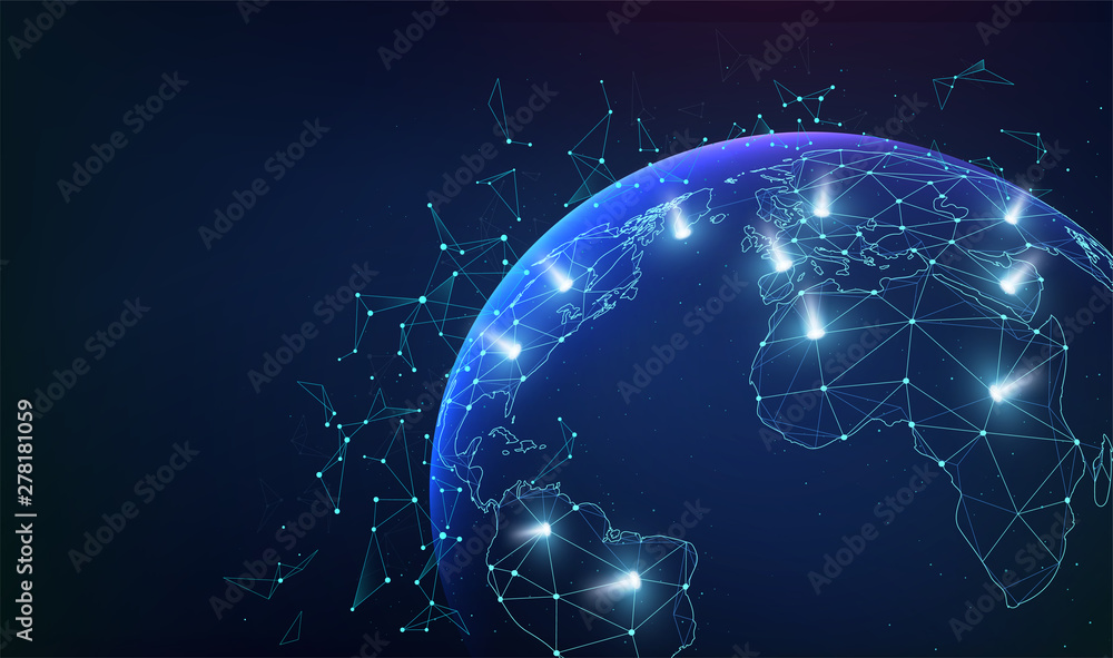 Global network business connections with dots and light flashes. World ...